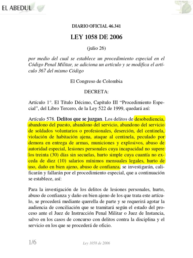 Ley 1058 de 2006 | PDF | Instituciones gubernamentales | Sentencia (ley)