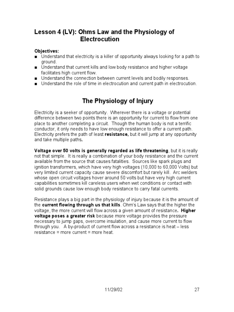 Lesson 4 (LV) : Ohms Law and The Physiology of Electrocution ...