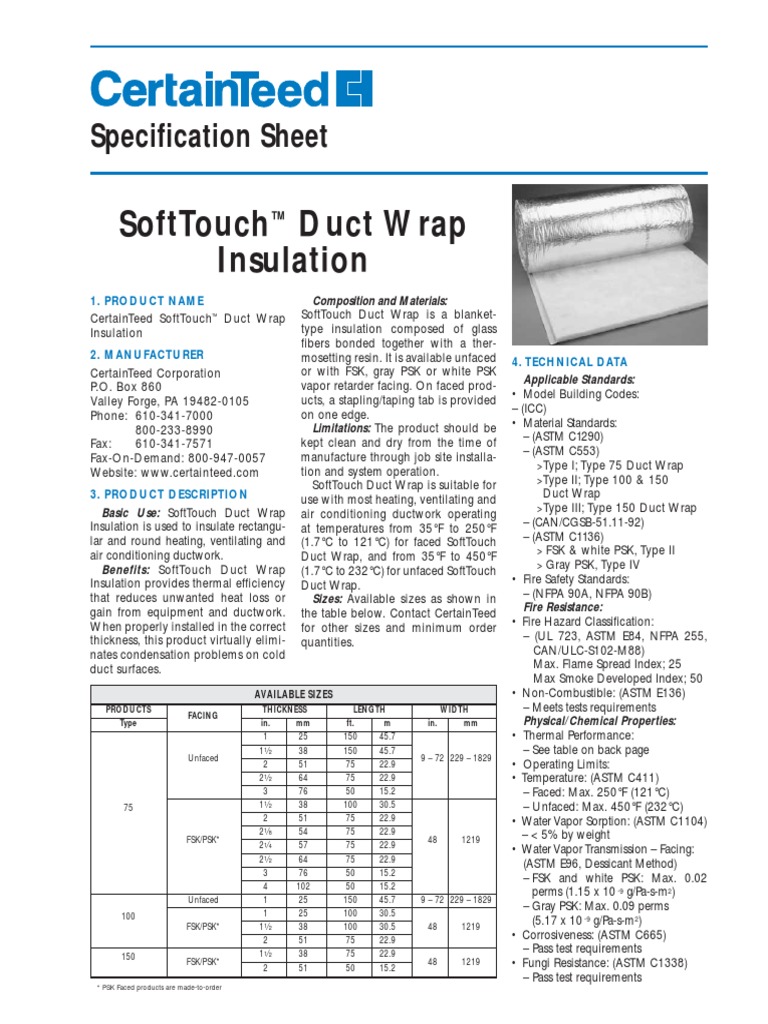 Softtouch Duct Wrap Insulation: Specification Sheet | PDF | Duct (Flow ...