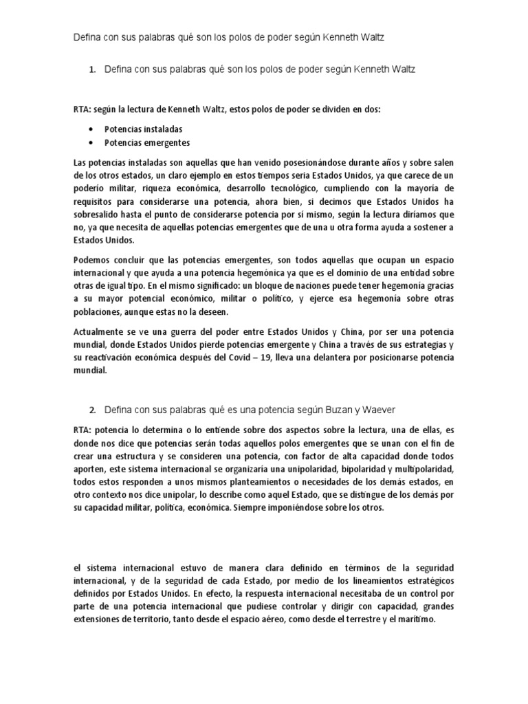Defina Con Sus Palabras Qué Son Los Polos de Poder Según Kenneth Waltz ...