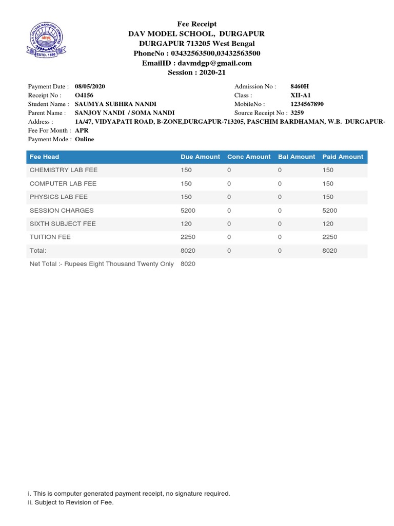 Fee Receipt for DAV Model School | PDF