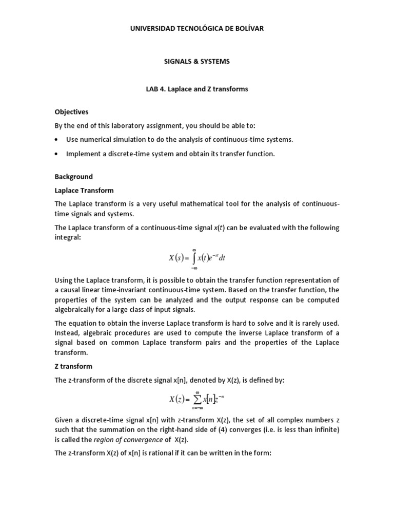 Analysis of Continuous-Time Systems Using Laplace Transforms and Design ...