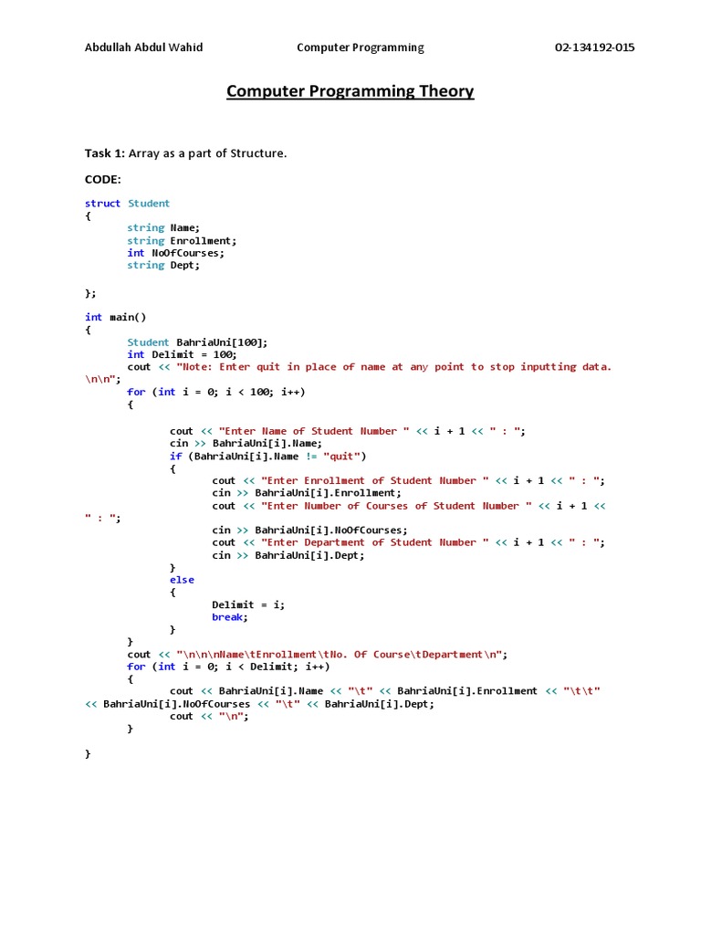 Computer Programming Theory: Task 1: Array As A Part of Structure. Code | PDF | Computer Science ...