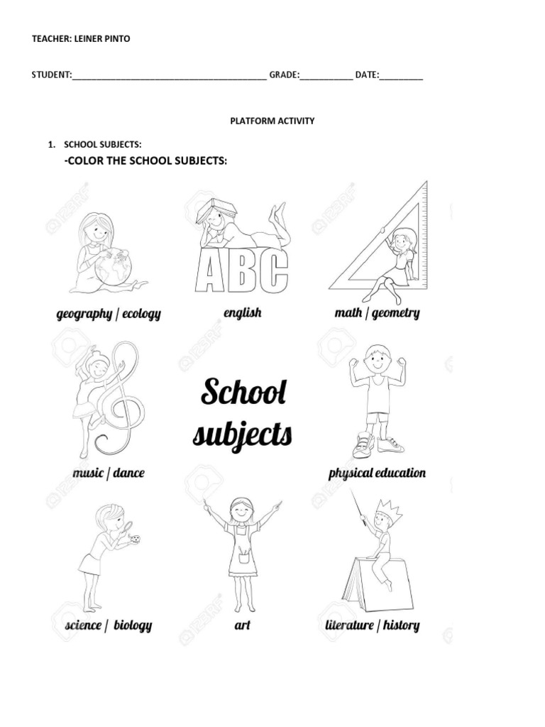 Color The School Subjects:: STUDENT: - GRADE: - DATE | PDF