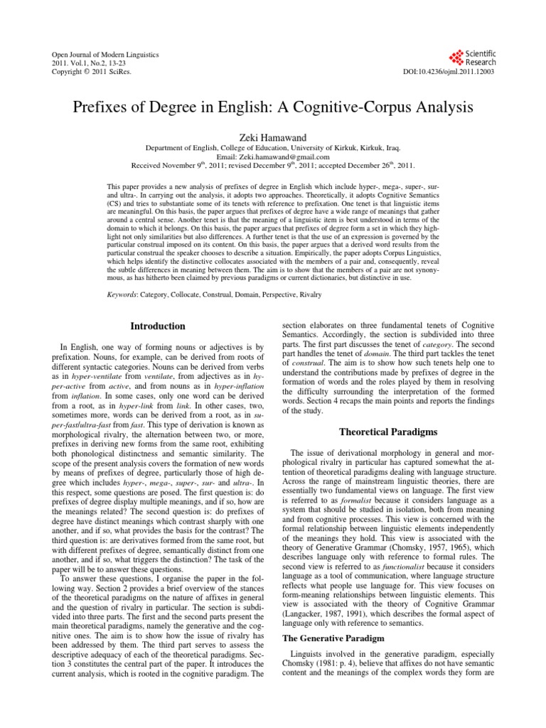 Prefixes of Degree in English: A Cognitive-Corpus Analysis: Zeki Hamawand | PDF | Morphology ...