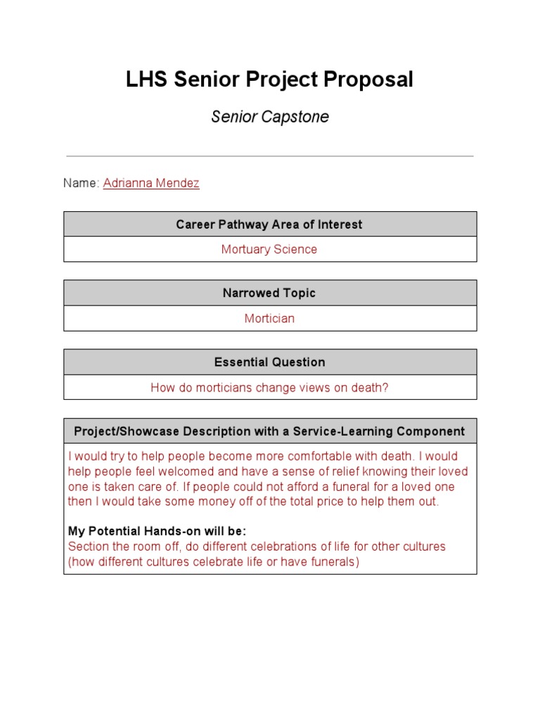 Lhs Senior Project Proposal | PDF | Funeral | Experience
