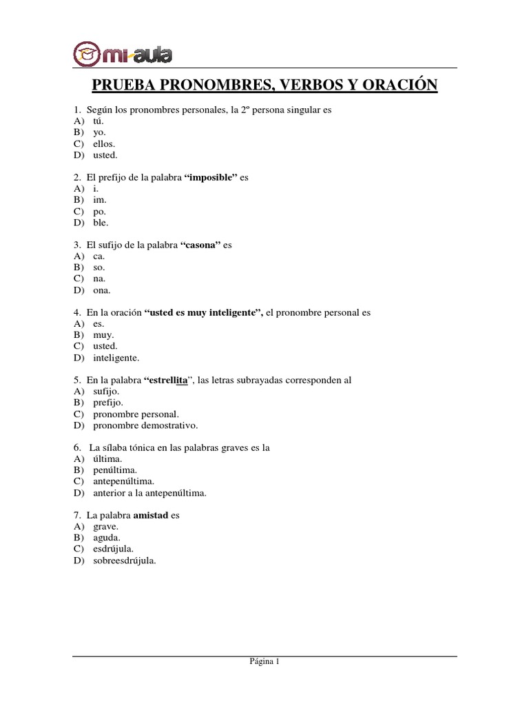 Prueba de Pronombres y Verbos | PDF | Lingüística | Gramática