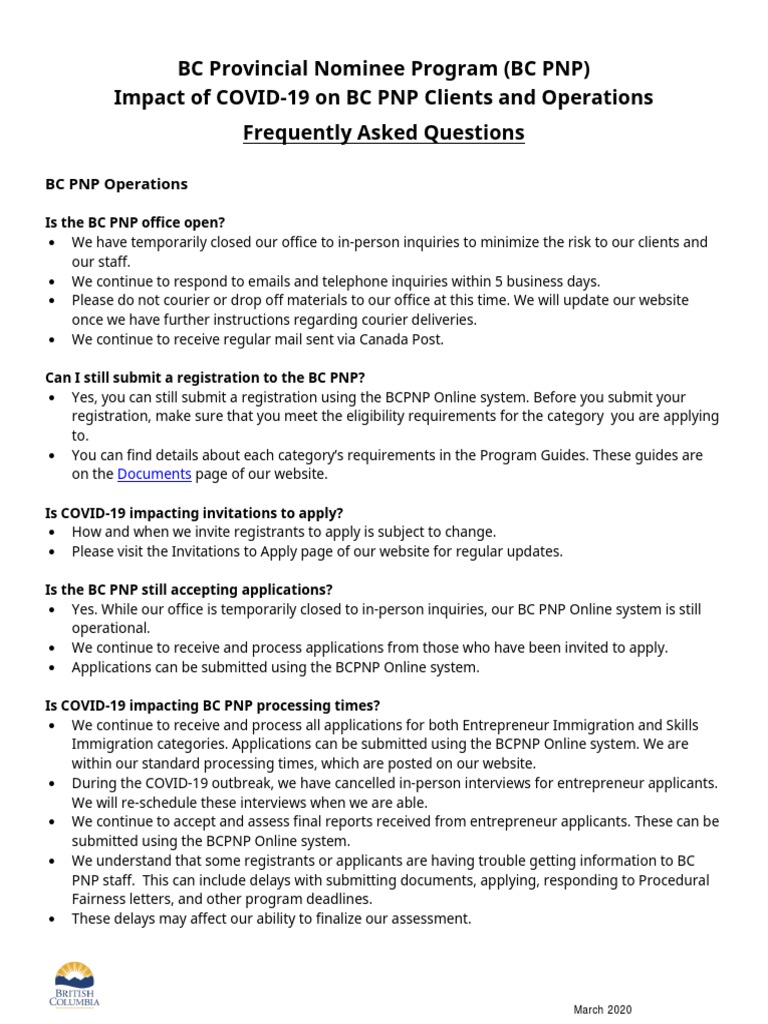 BC Provincial Nominee Program (BC PNP) Impact of COVID-19 On BC PNP ...