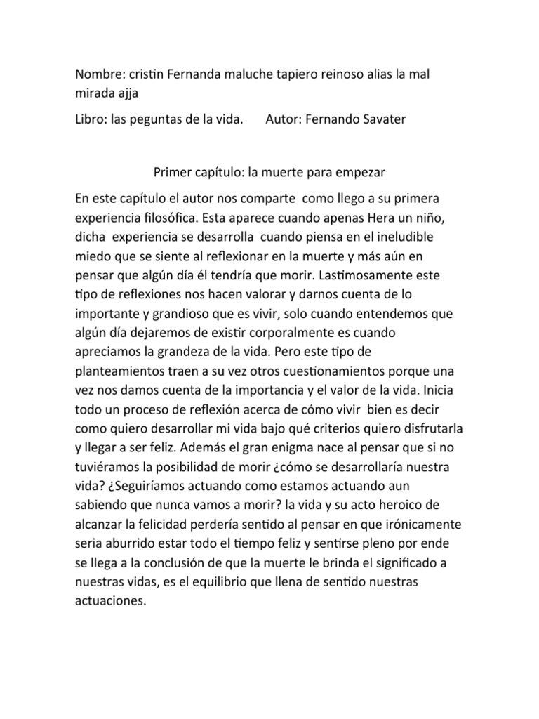 Ensayo Sobre El Libro Las Preguntas de La Vida | PDF | Muerte | Vida