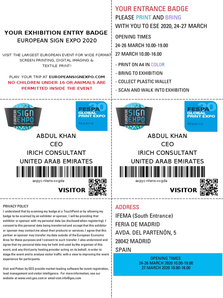 Your Entrance Badge: Please AND With You To Ese 2020, 24-27 March | PDF ...