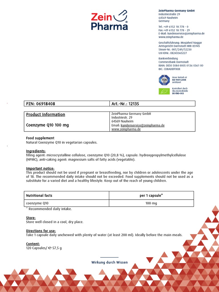 Productinfo 06918408 12135 Coenzyme Q10 100 MG LMIV | PDF | Nutrition ...