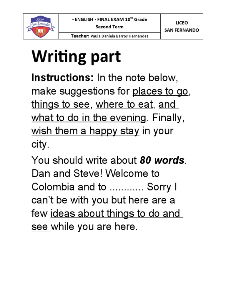 Writing Part: Instructions: in The Note Below | PDF | Language Arts ...