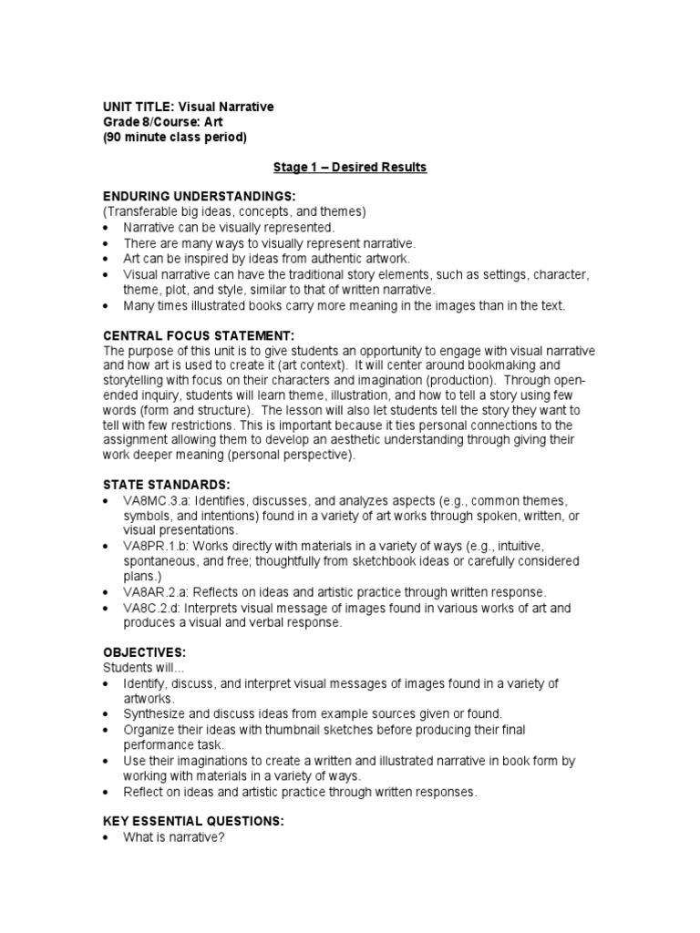 UNIT TITLE: Visual Narrative Grade 8/course: Art (90 Minute Class ...
