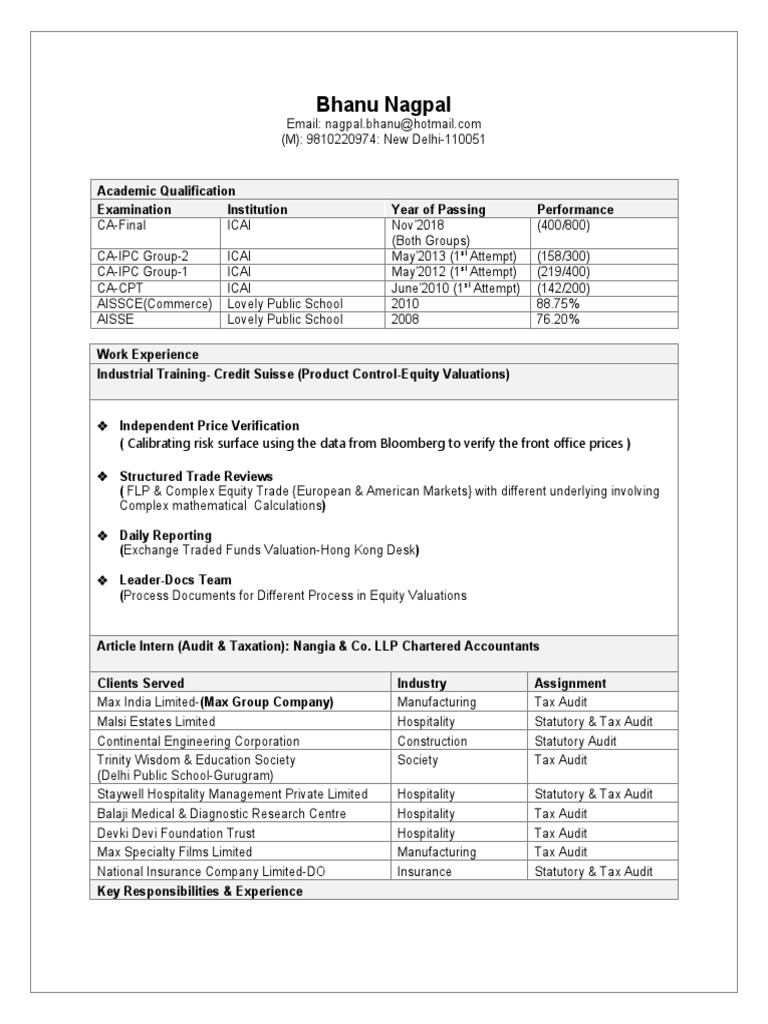Bhanu Nagpal Resume | PDF | Audit | Valuation (Finance)