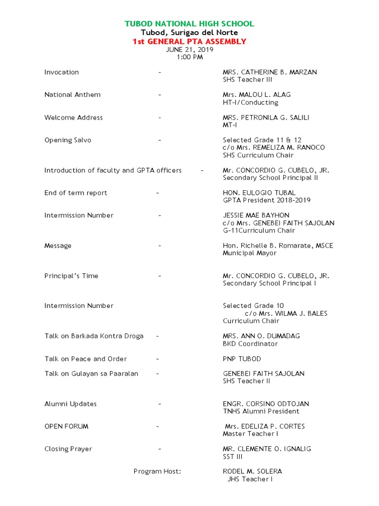 1St General Pta Assembly: Tubod National High School | PDF