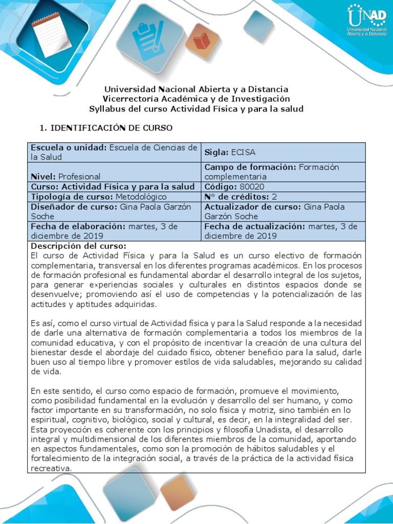 Syllabus Del Curso Actividad Física y para La Salud | PDF | Conceptos ...