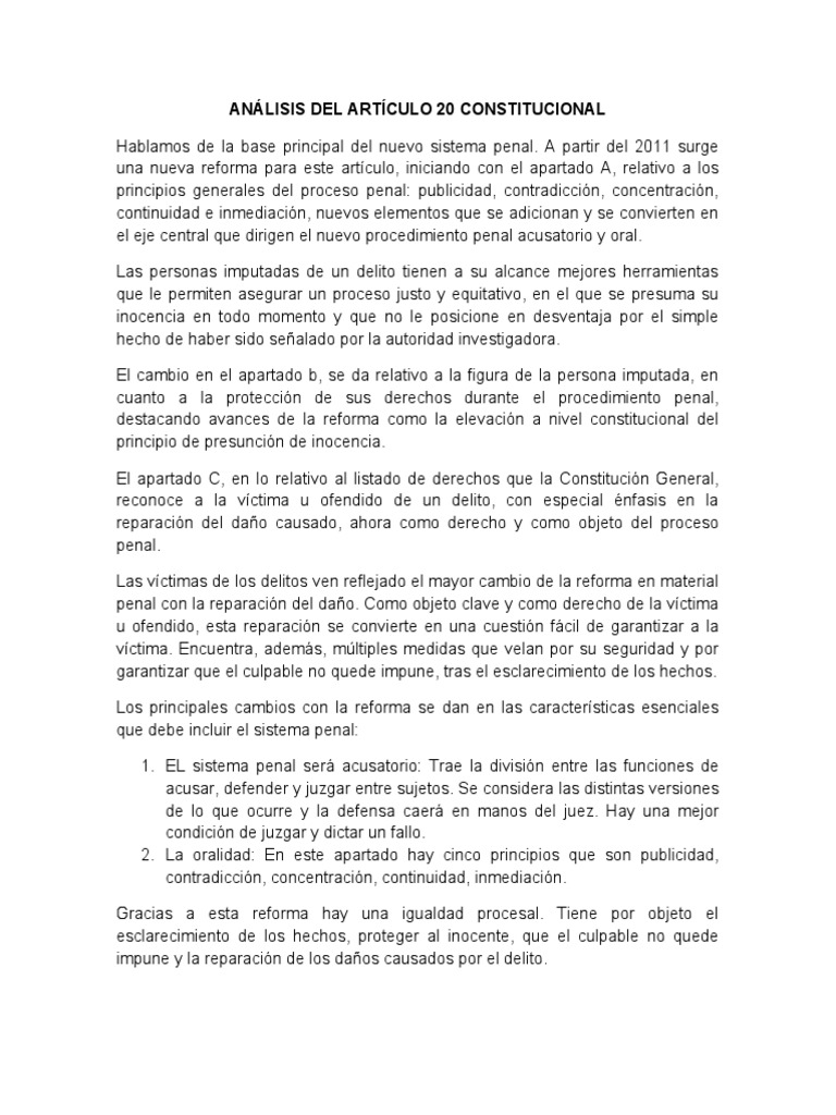 Análisis Del Artículo 20 Constitucional | PDF | Derecho penal | Queja