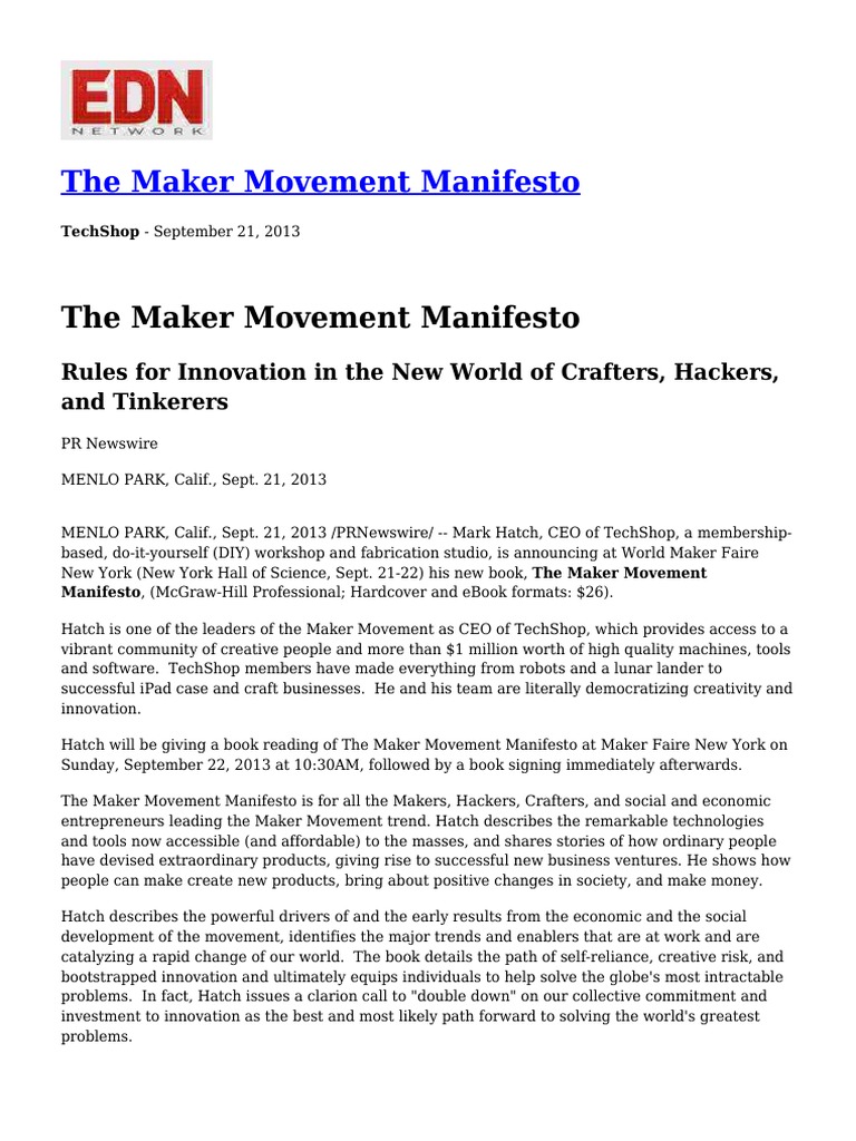 The Maker Movement Manifesto Overview | PDF | Innovation | Business
