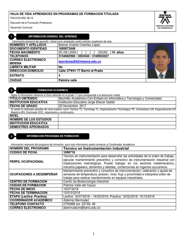 Hoja de Vida: Técnico en Instrumentación | PDF | Educación avanzada | Enseñando y aprendiendo