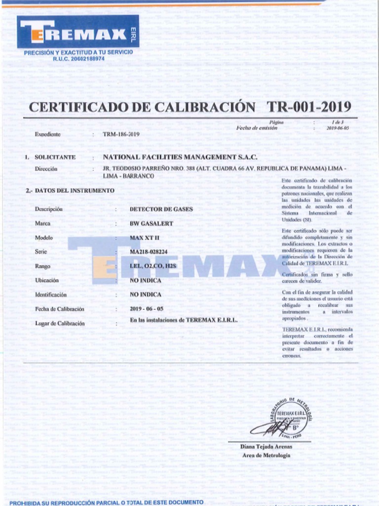Certificado de Calibración Detector de Gases | PDF