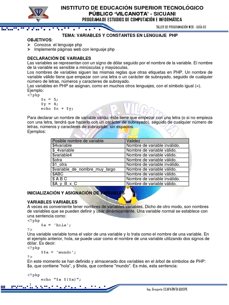 Guia 003 - Variables, Constantes - Taller de Programacion Web | PDF ...