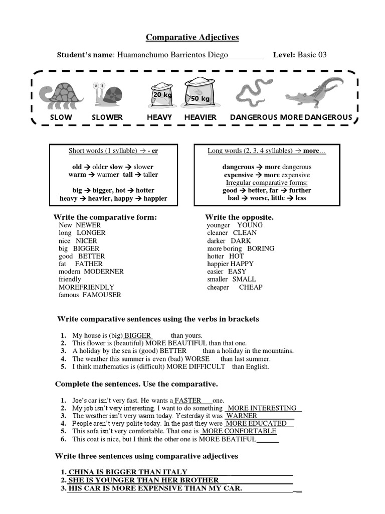 Comparative Adjectives: Slow Slower Heavy Heavier Dangerous More ...