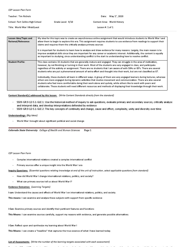 CEP Lesson Plan Form: Lesson Idea/Topic and Rational/Relevance | PDF ...