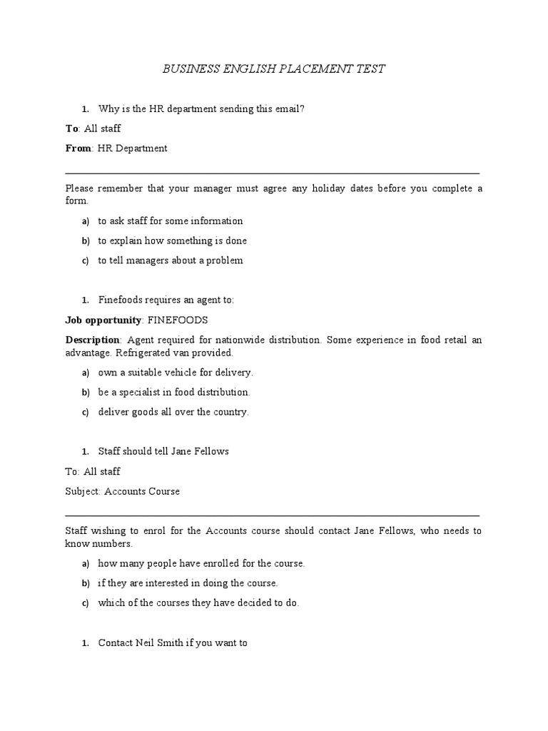 Business English Placement Test | PDF | Employment | Economies