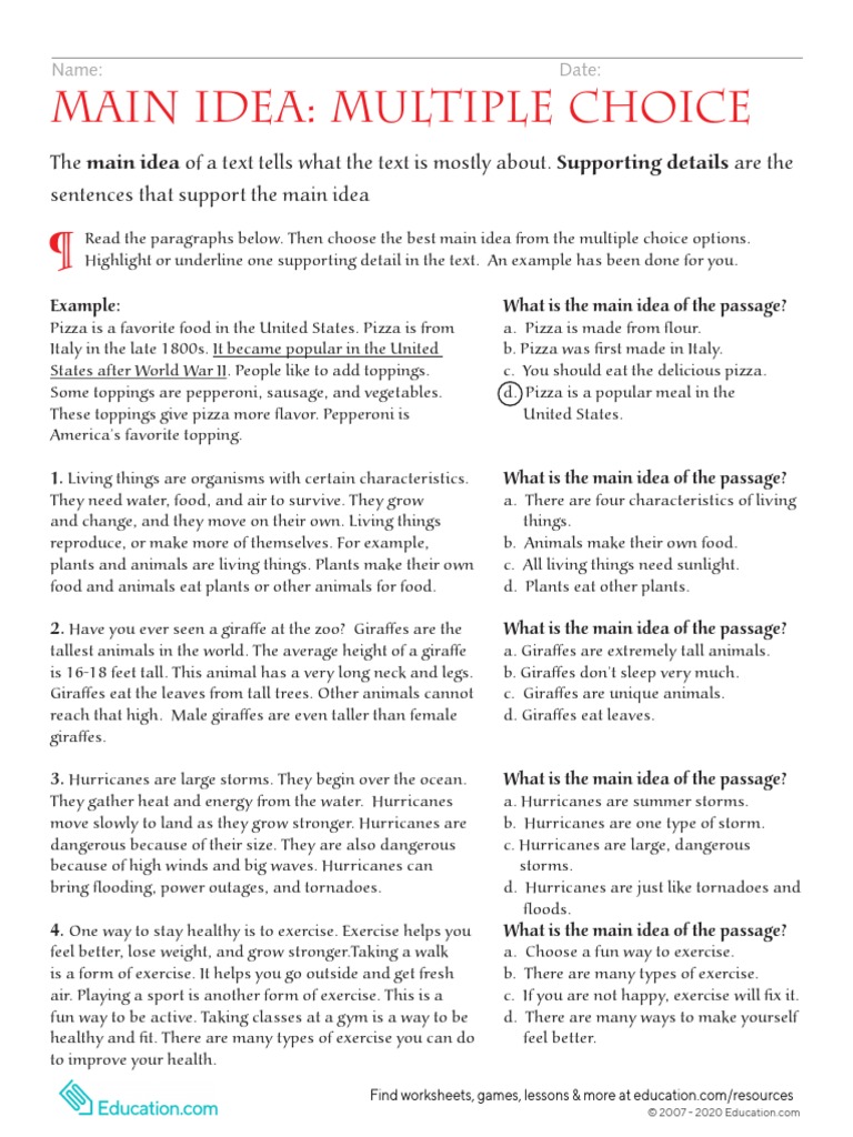 Main Idea: Multiple Choice | PDF | Giraffe | Tropical Cyclones