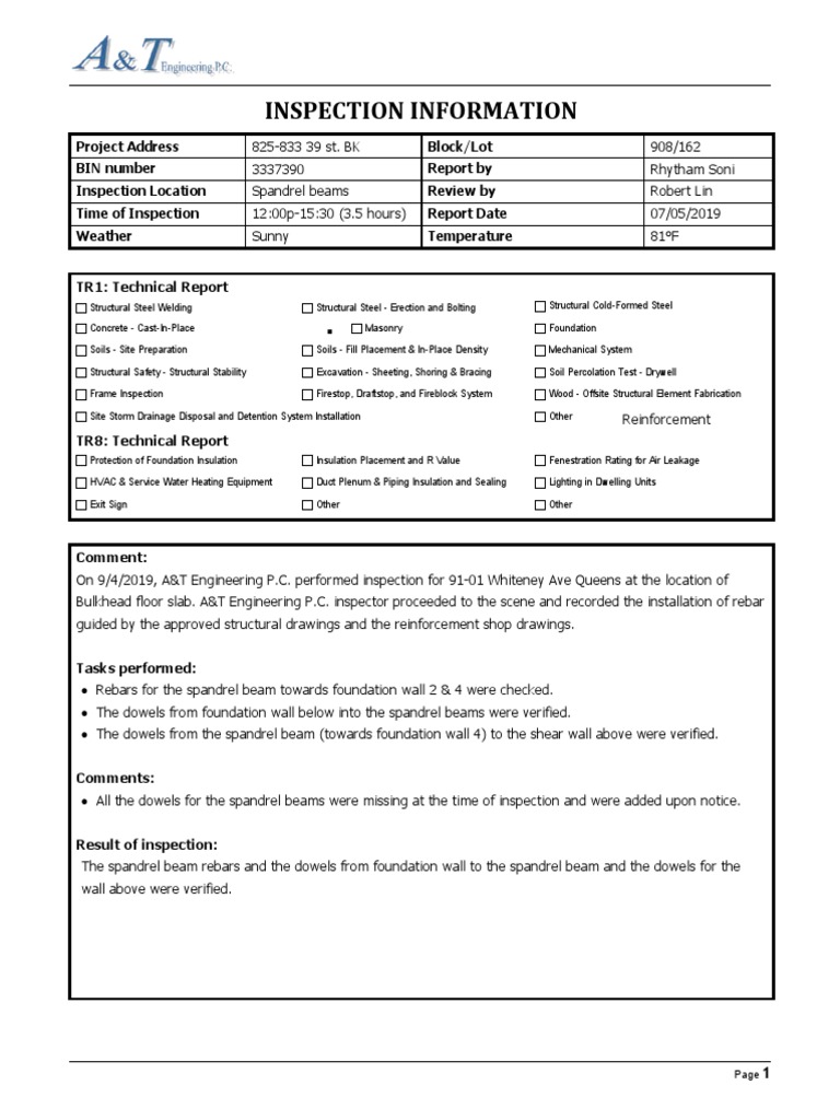 A & T Inspection Report | PDF | Structural Steel | Foundation (Engineering)