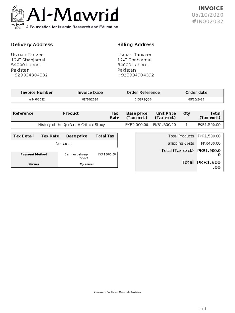 Invoice for the Sale and Delivery of 'History of the Qur'an: A Critical ...