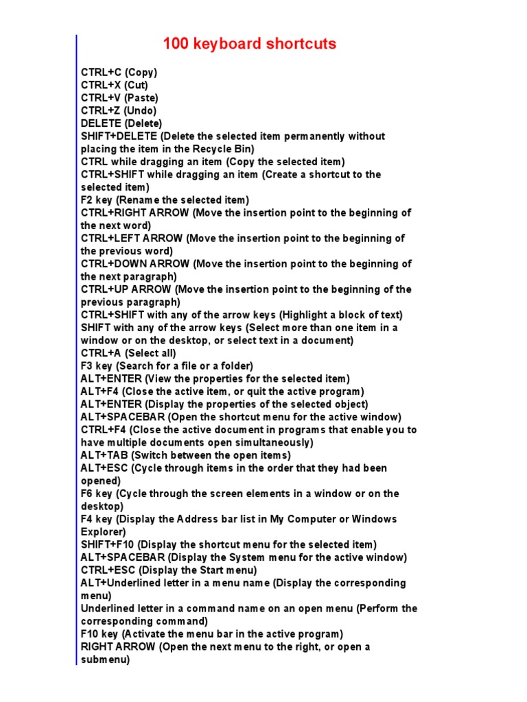 100 Keyboard Shortcuts | PDF | Keyboard Shortcut | Computer Keyboard