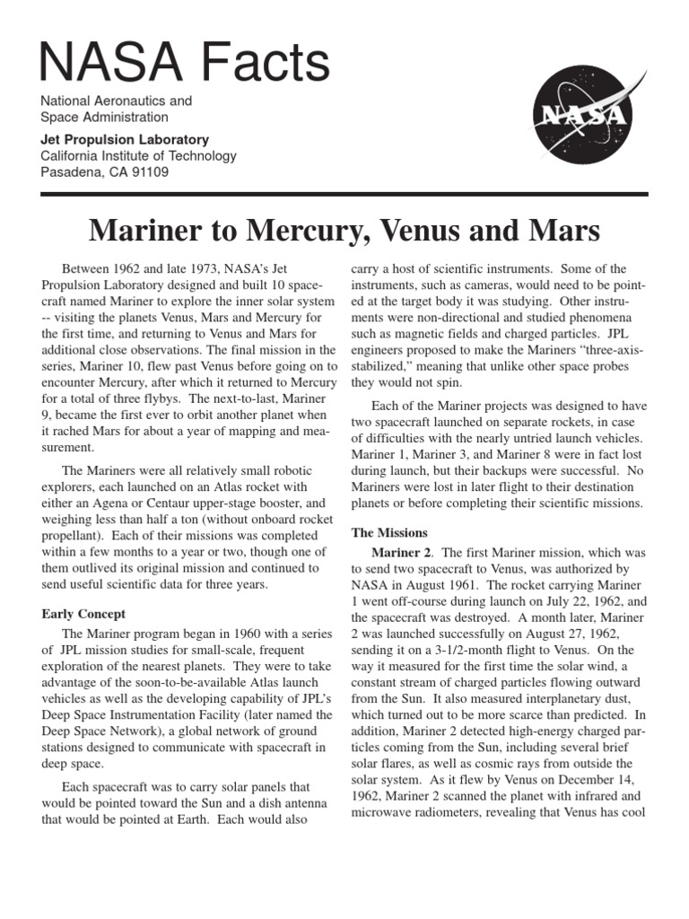 NASA Facts Mariner To Mercury, Venus and Mars | PDF | Mariner Program ...