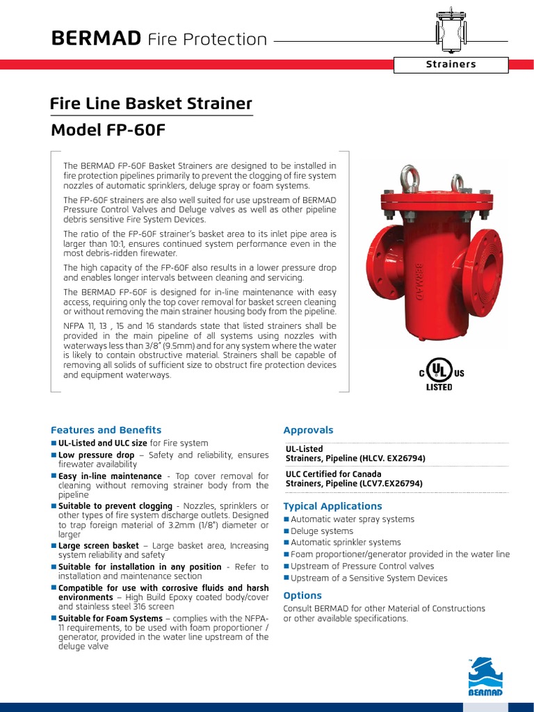Bermad: Fire Line Basket Strainer Model FP-60F | PDF | Fire Sprinkler ...