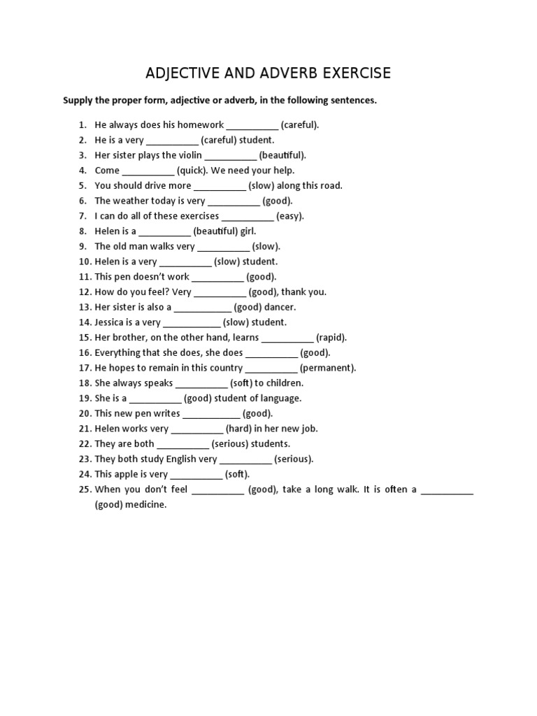 Adjective and Adverb Exercise: Supply The Proper Form, Adjective or ...