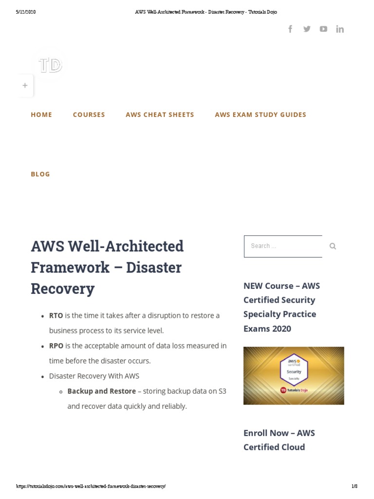 AWS Well-Architected Framework - Disaster Recovery - Tutorials Dojo | PDF | Centralized ...