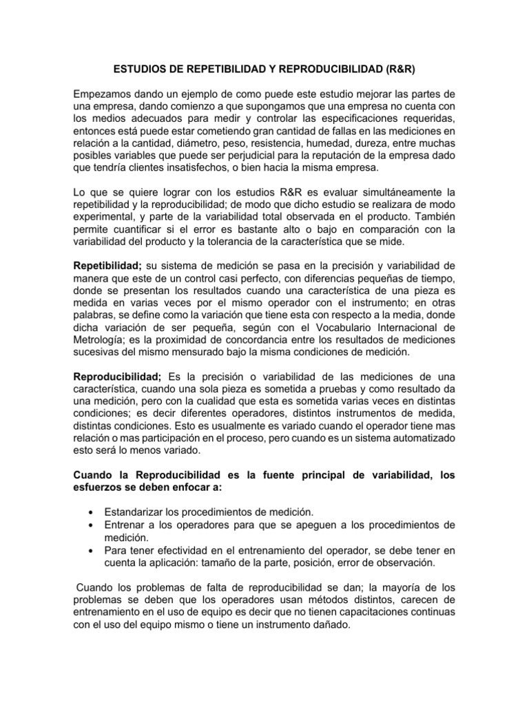 Estudios de Repetibilidad y Reproducibilidad | PDF | Medición | Metrología