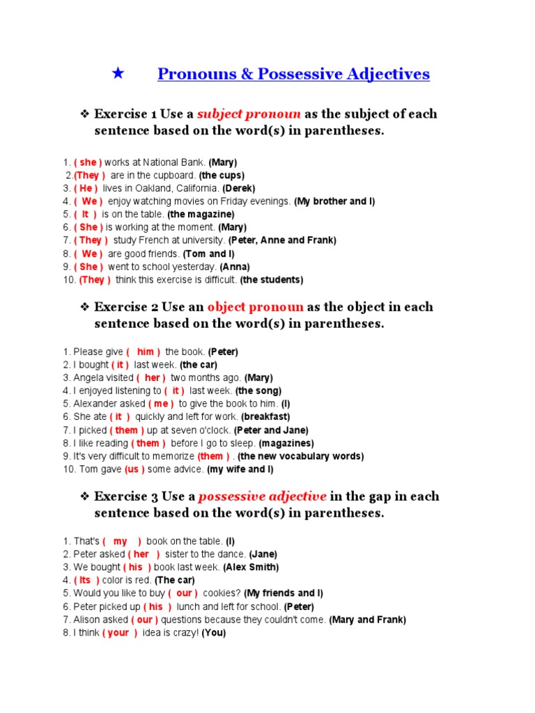 Pronouns and Possessive Adjectives Exercises | PDF | Semiotics ...
