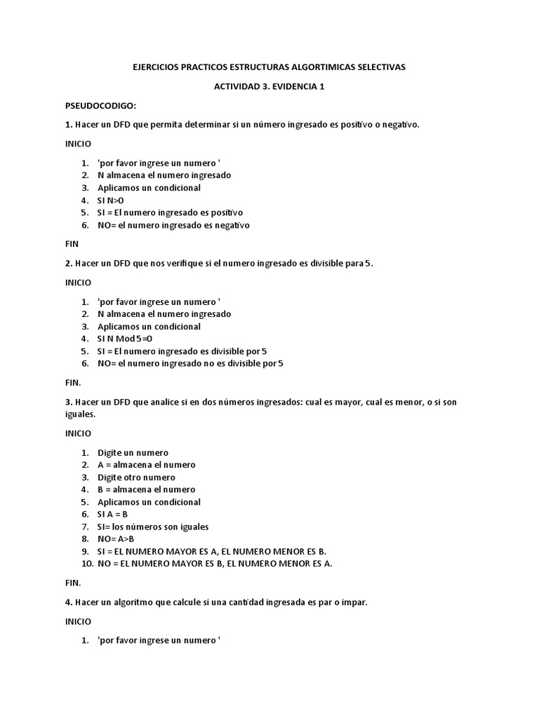 Algoritmos Selectivos: Ejercicios Prácticos | PDF | Algoritmos | Enseñanza de matemática