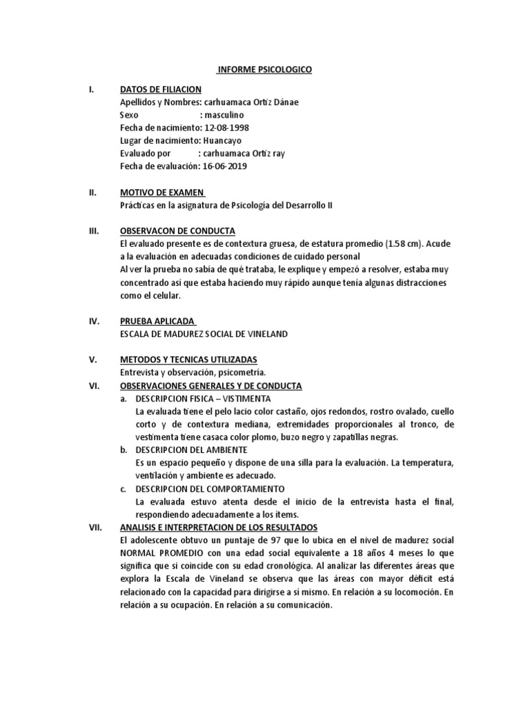 Informe Psicologico DE LA PSICOLOGIA DEL DESARROLLO II | PDF | Sicología | Conceptos psicologicos