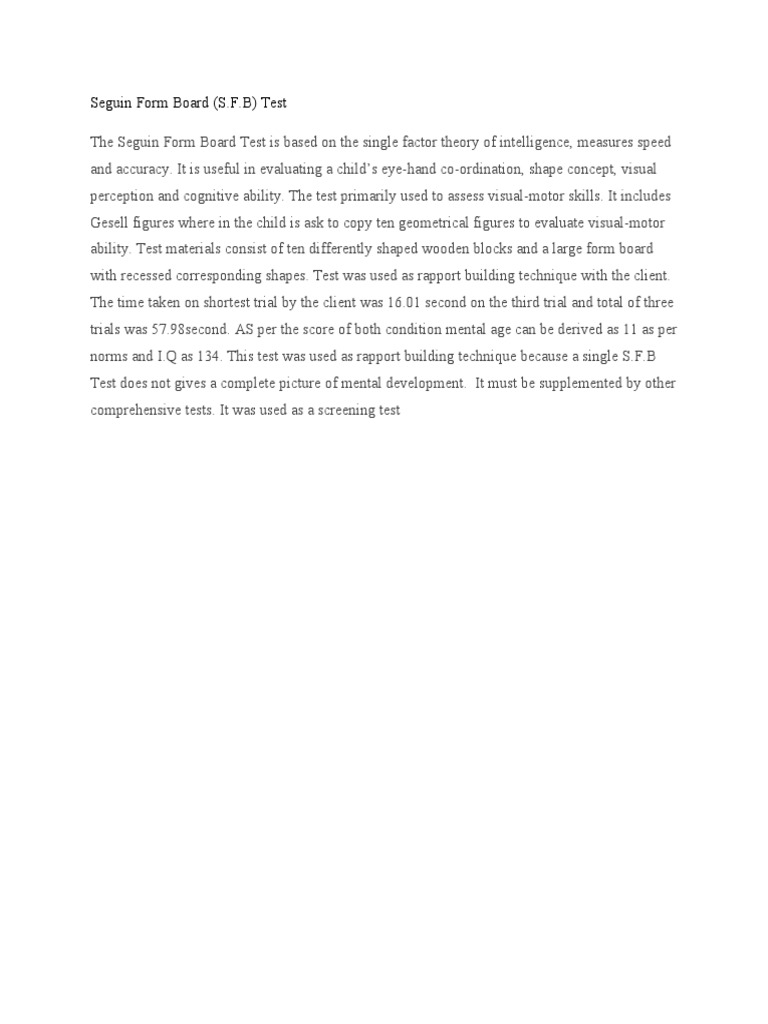 Seguin Form Board (S.F.B) Test | PDF
