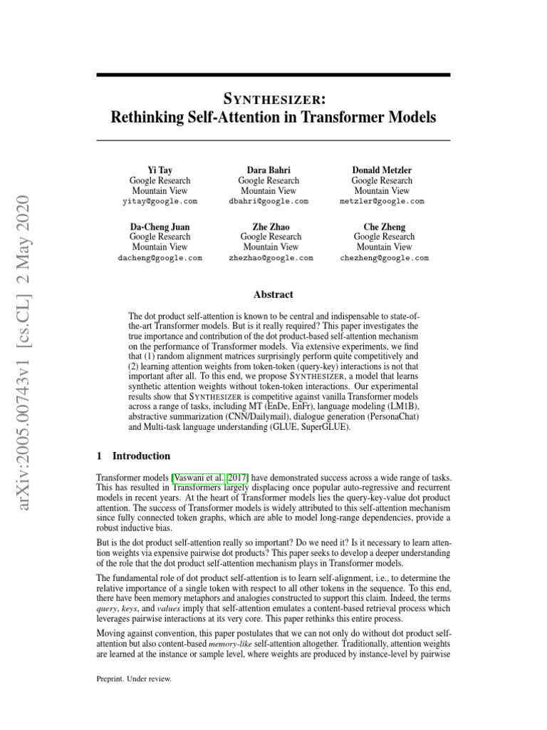 S: Rethinking Self-Attention in Transformer Models: Ynthesizer | PDF ...