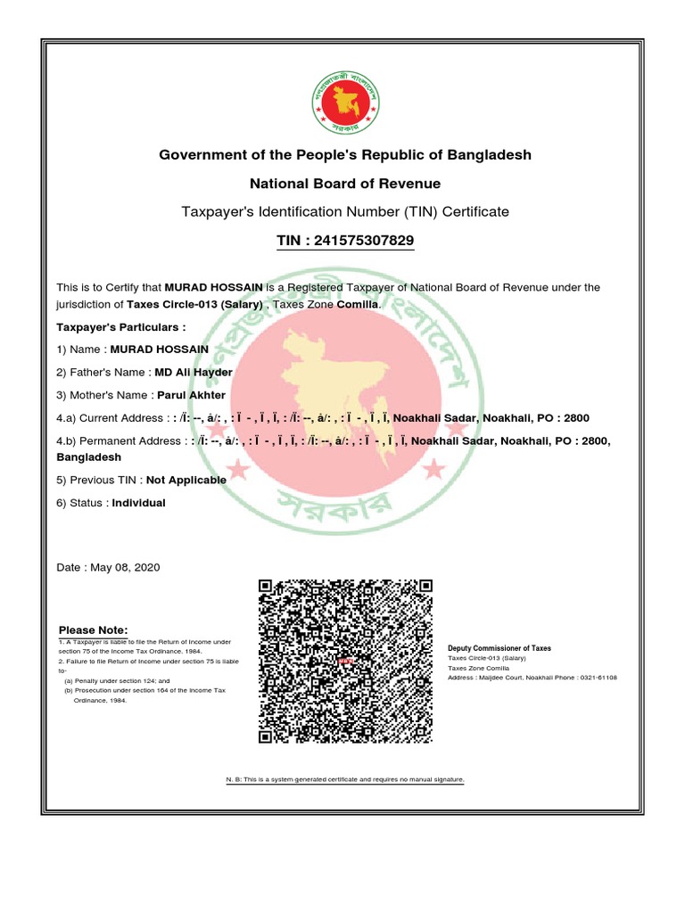 TIN Certificate for Murad Hossain | PDF
