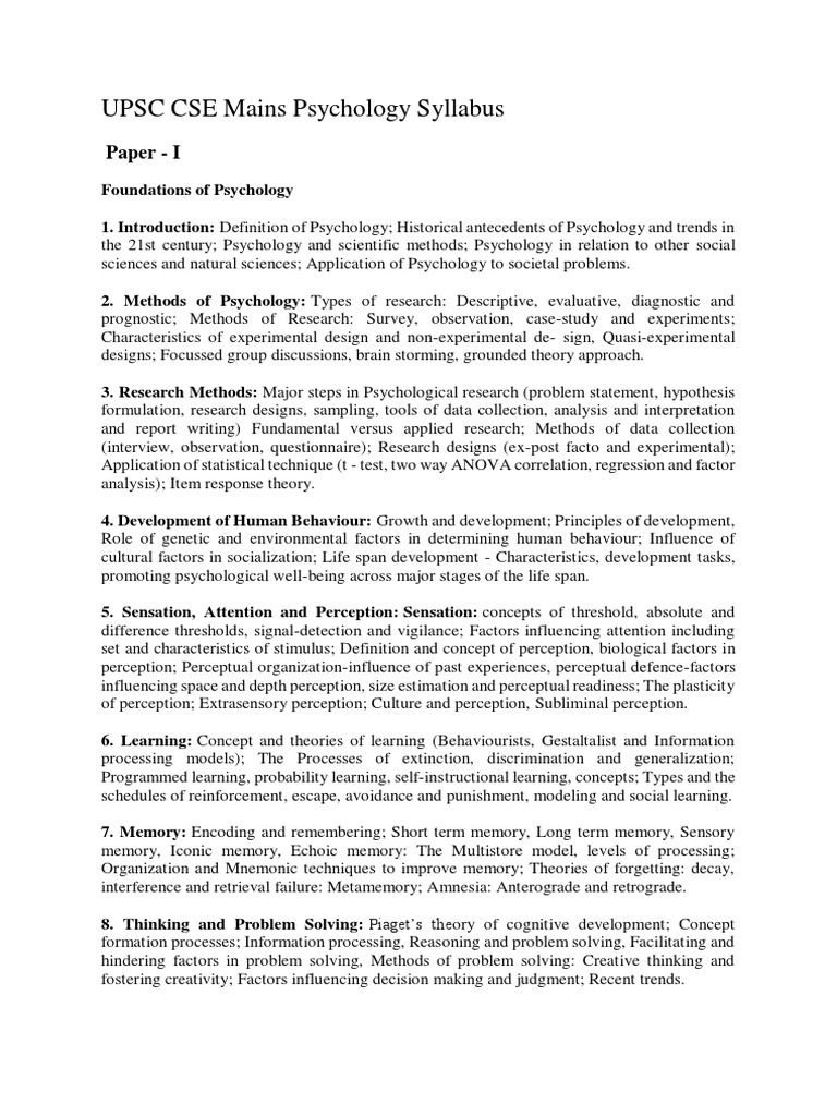 UPSC CSE Mains Psychology Syllabus: Paper - I | PDF | Mental Disorder ...