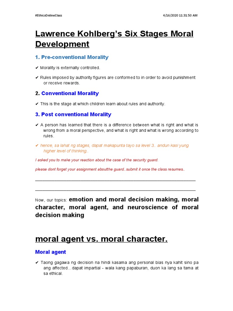 Lawrence Kohlberg's Six Stages Moral Development: 1. Pre-Conventional ...