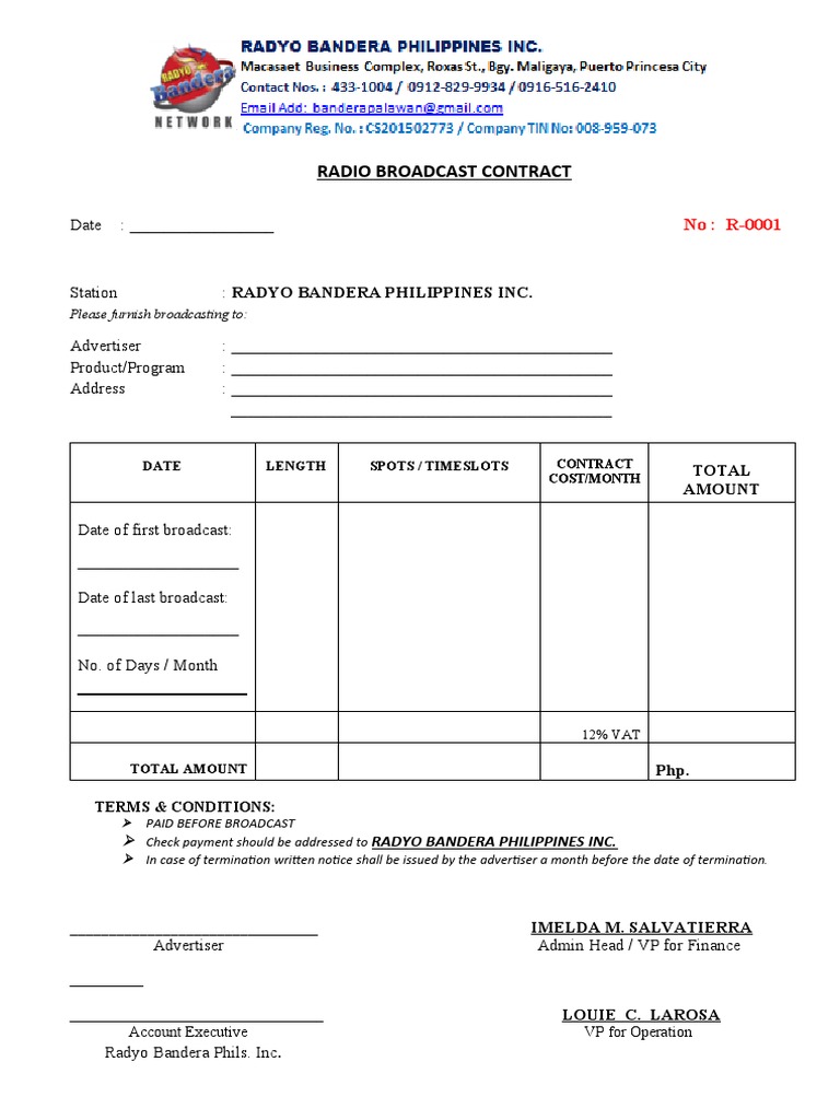 Radio Broadcast Contract: Please Furnish Broadcasting To | PDF