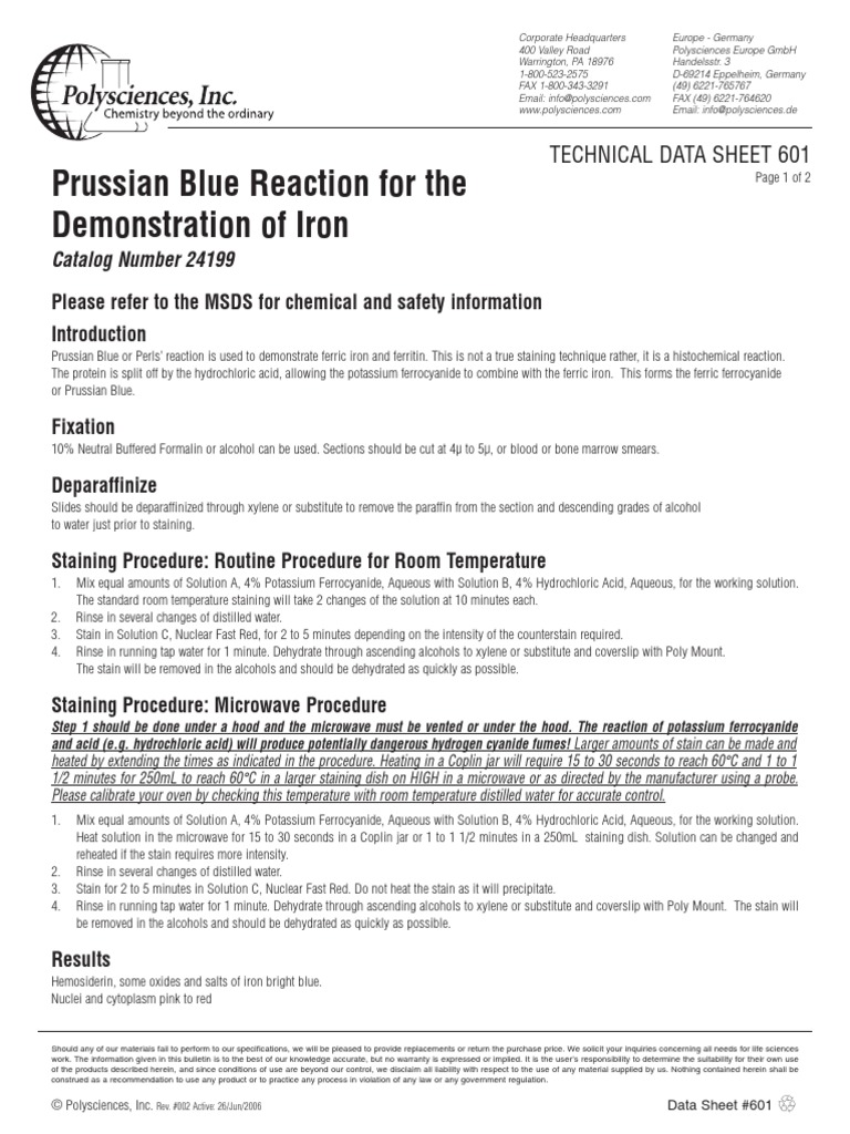 Prussian Blue Reaction For The Demonstration of Iron: Technical Data ...