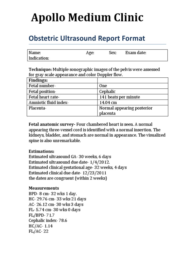 Obstetric Ultrasound Report Format | PDF | Fetus | Medical Ultrasound