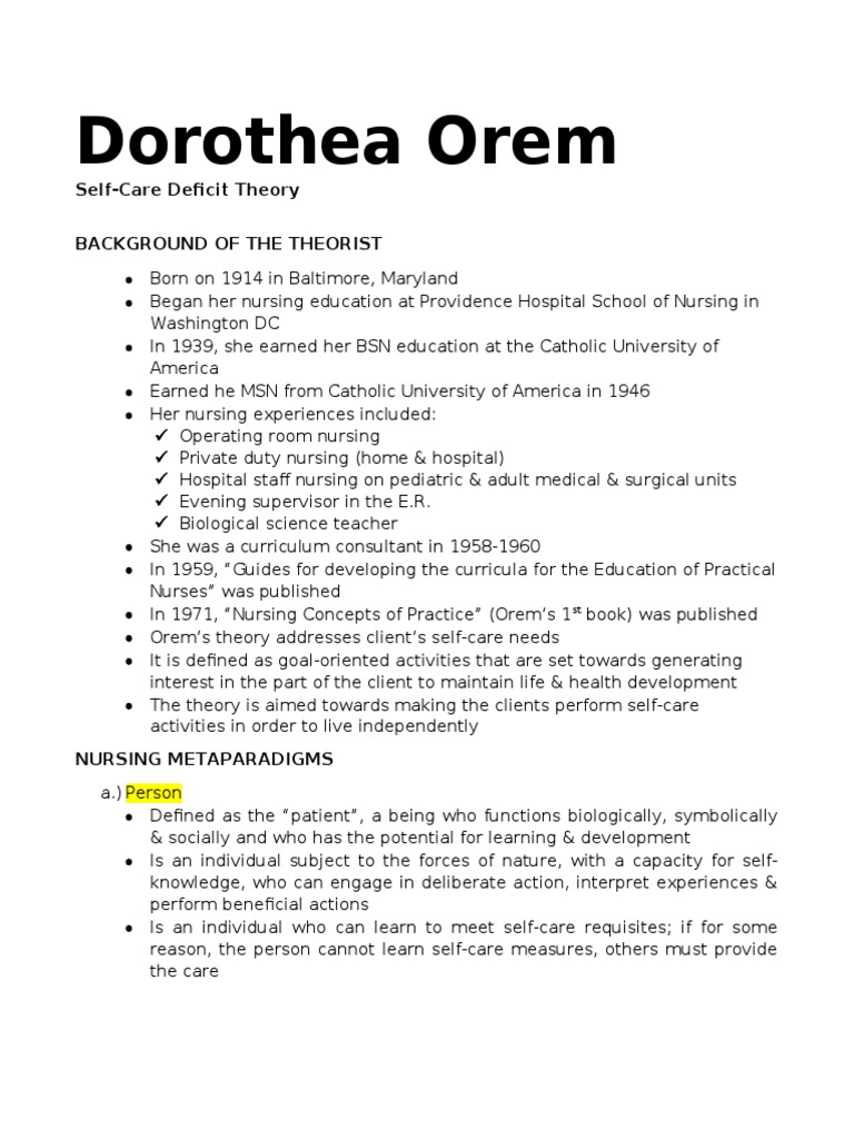 Dorothea Orem HANDOUT | PDF | Nursing | Health Sciences