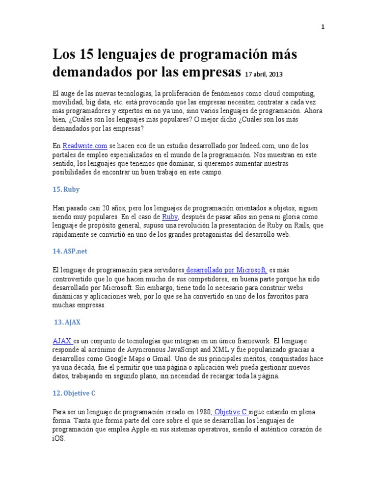 Los 15 Lenguajes de Programación Más Demandados Por Las Empresas 17 ...